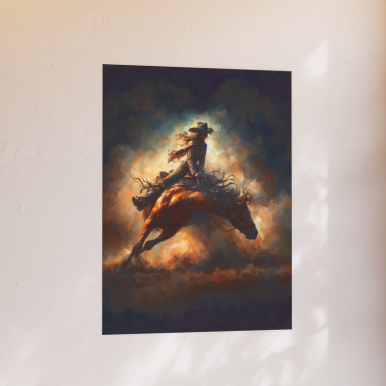 Cowgirl Western Art Impasto Oil Painting Style Vintage Rodeo Bucking ...