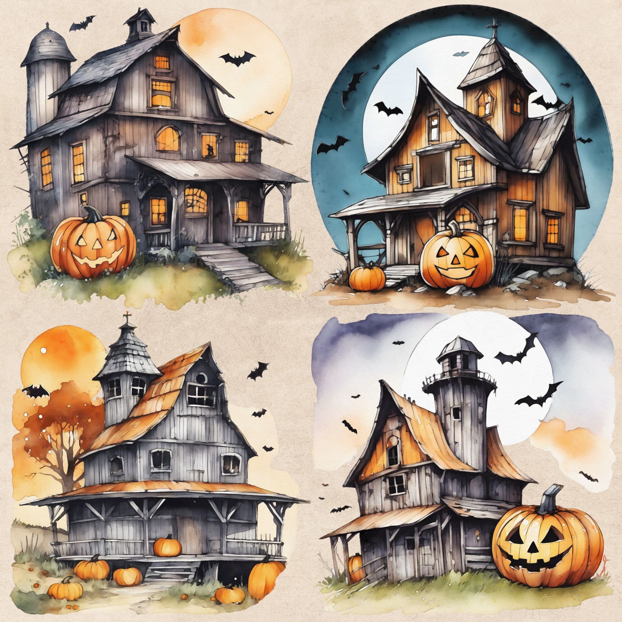 20 Haunted Farmhouses, Creepy Barns Watercolor Clipart Bundle ...