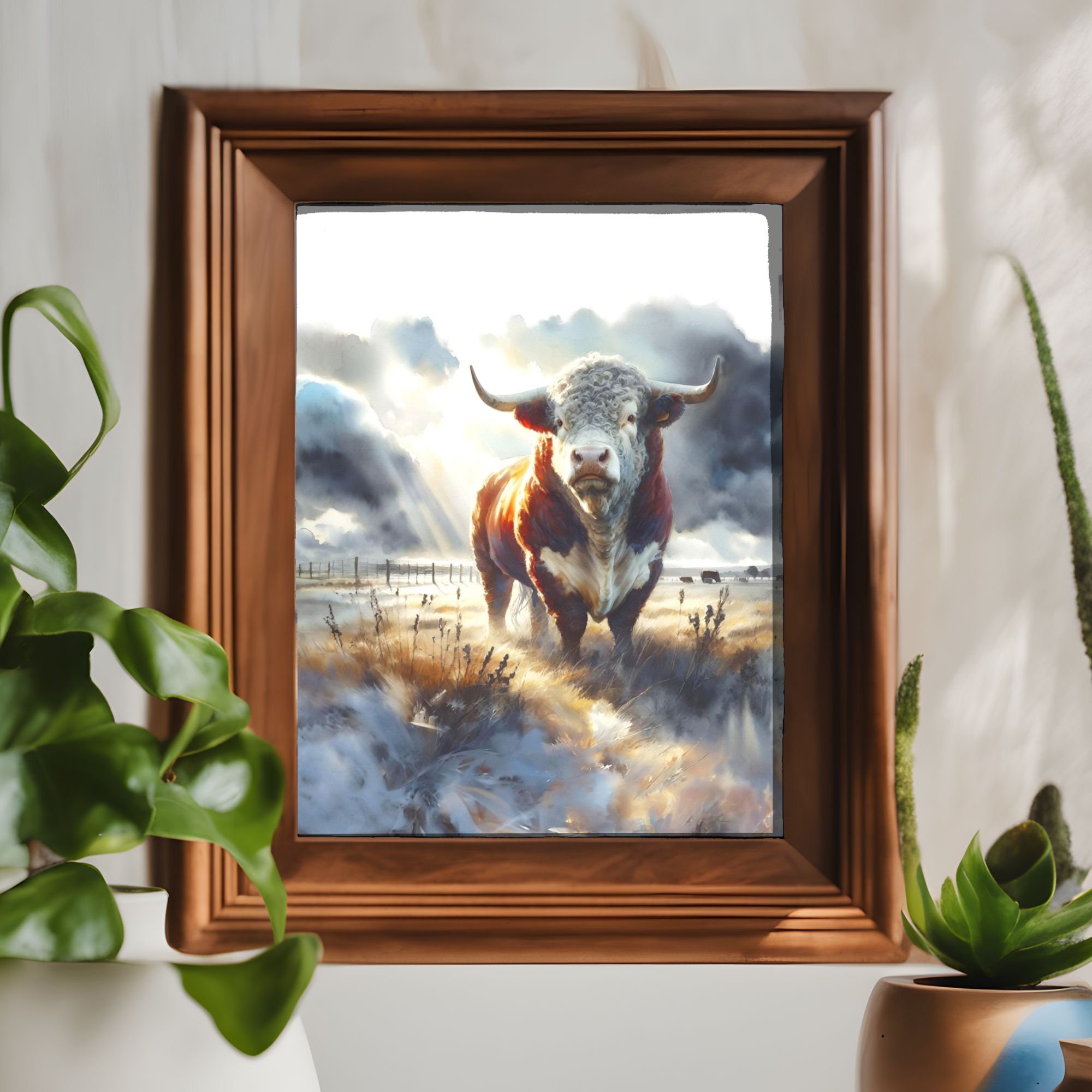 Hereford Bull Print Cattle Watercolor Illustration Wall Art Farm Lovers ...