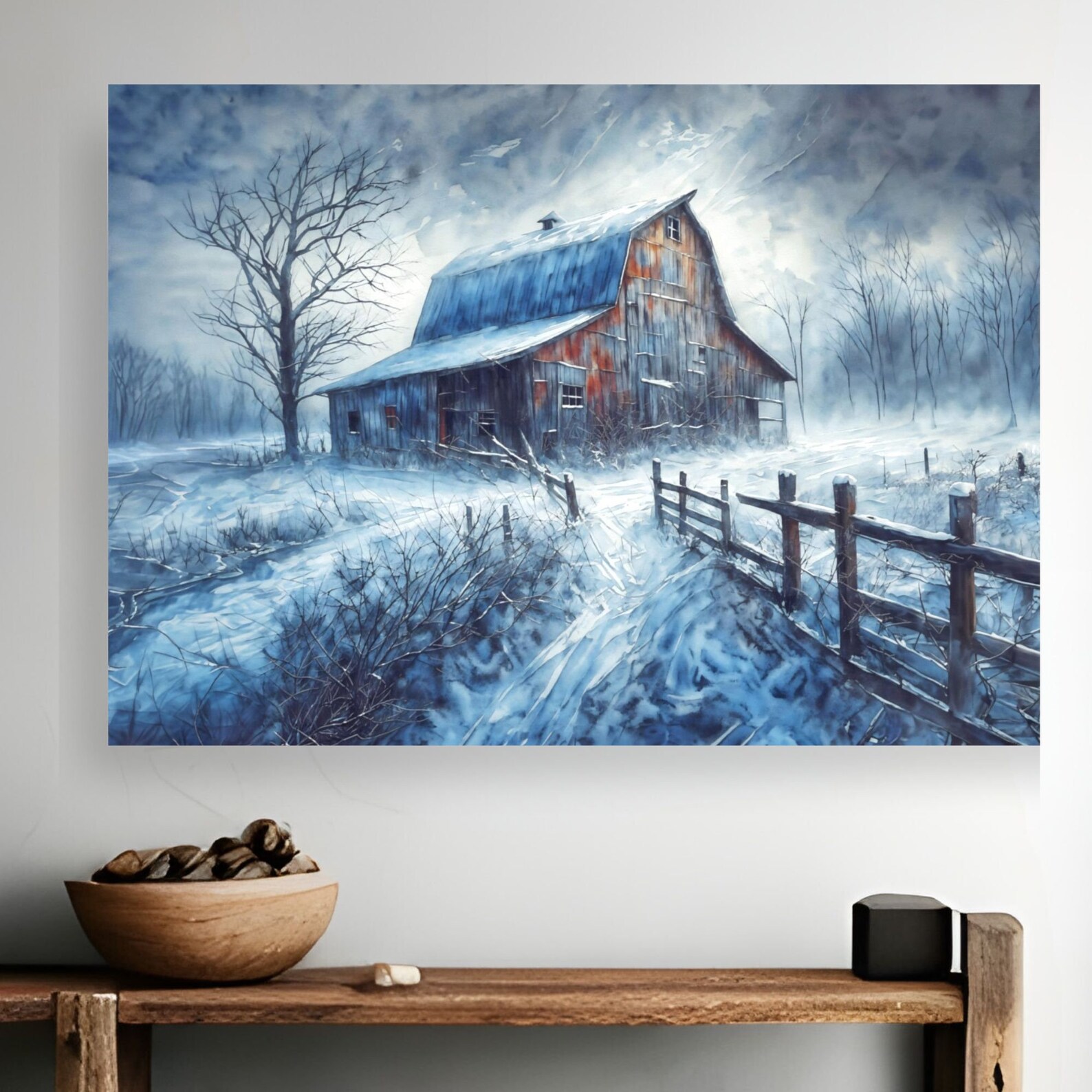 Winter Barn Print: Snowy Farmhouse Landscape, Watercolor Style Poster ...