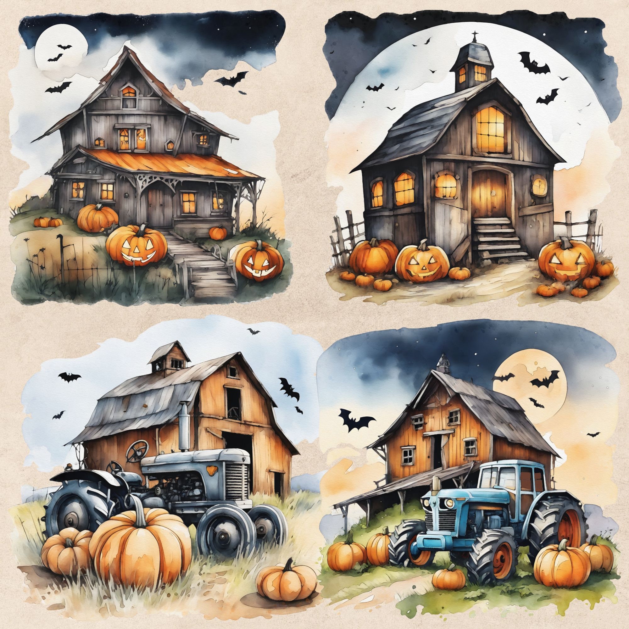 20 Haunted Farmhouses, Creepy Barns Watercolor Clipart Bundle ...