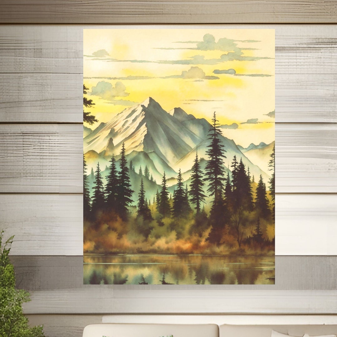 Watercolor Mountain Landscape Poster Print: Scenic Lake Sunset, Green ...