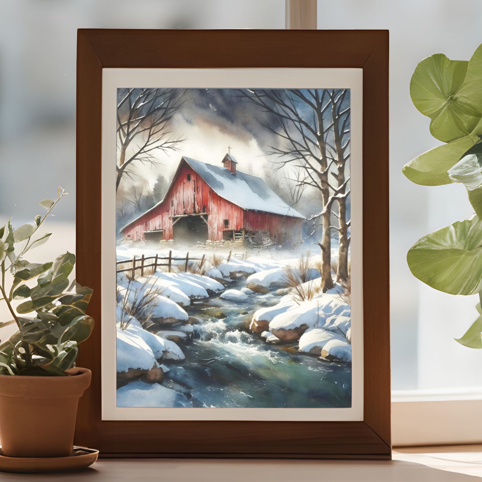 Snowy Old Barn Print Winter Farm Country Road Watercolor Style Painting ...