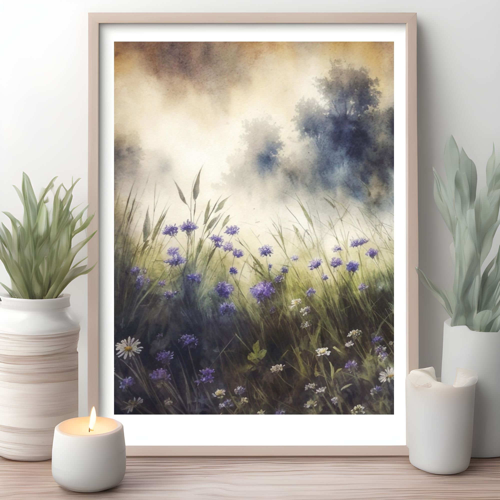 Purple Wildflower Watercolor Poster Print: Foggy Meadow Wall Art - Etsy