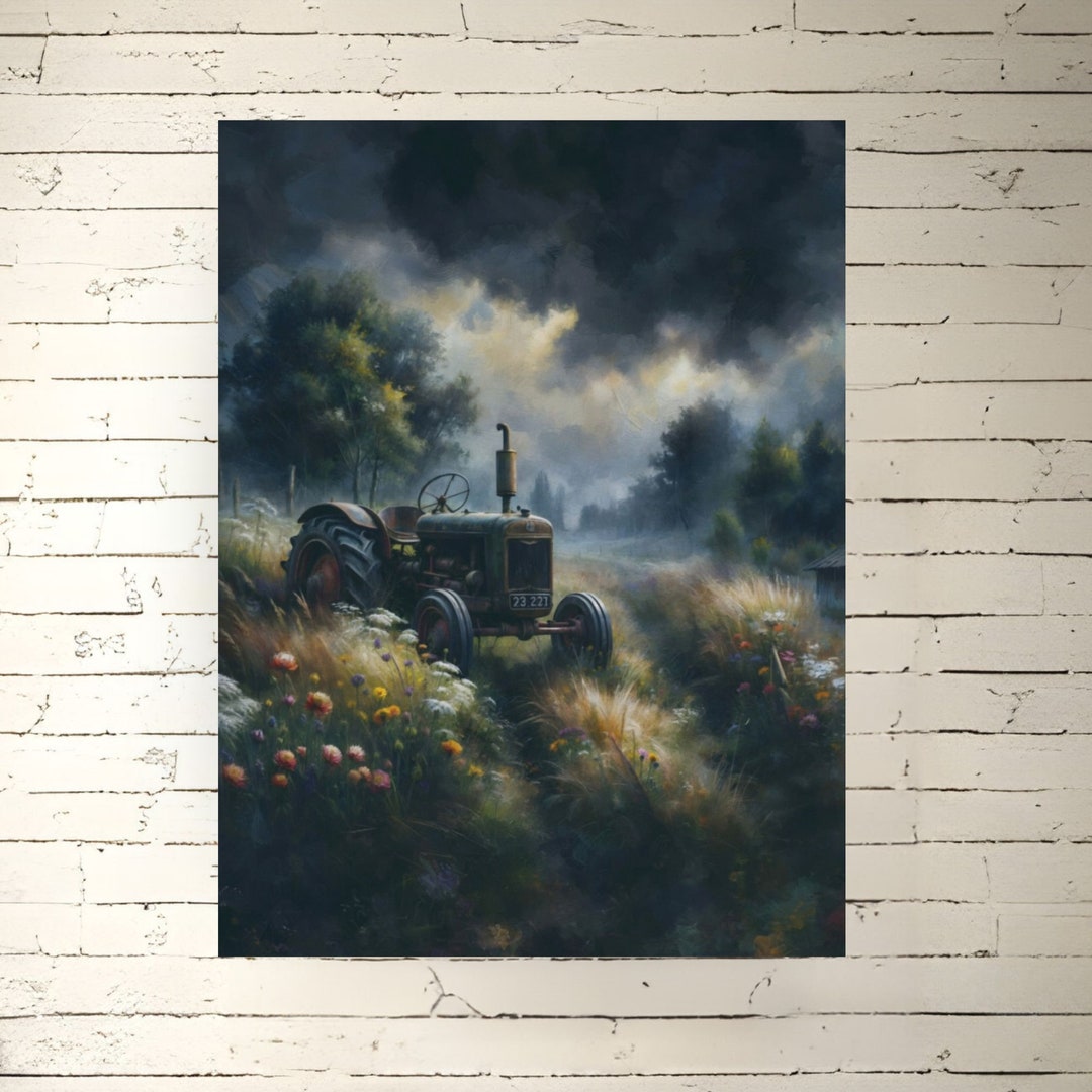 Moonlit Farm Tractor Poster Print: Wildflower Impasto Landscape Art - Etsy