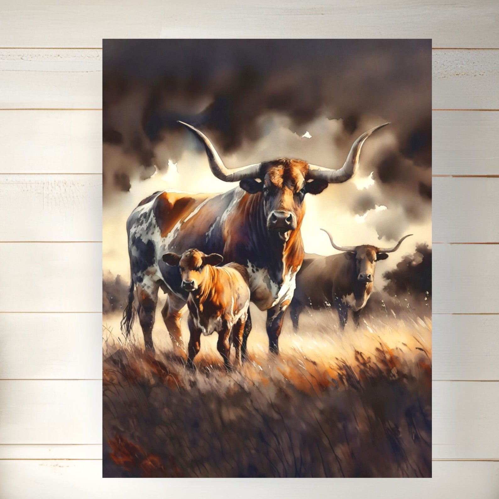 Texas Longhorn Cow and Calf Poster Watercolor Print: Farmhouse Wall Art ...
