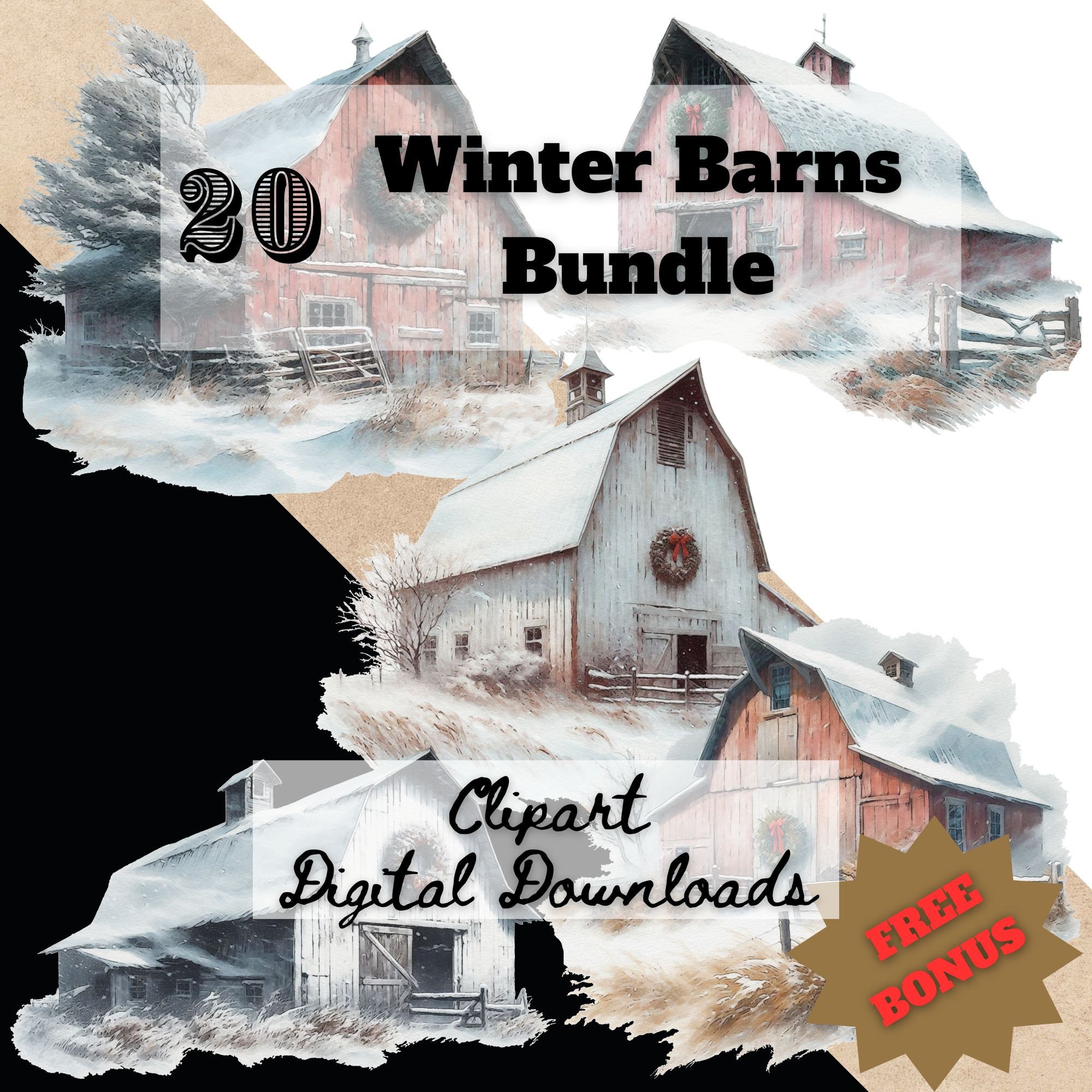 Winter Barns Watercolor Style Clipart, Set of 20 Images With ...