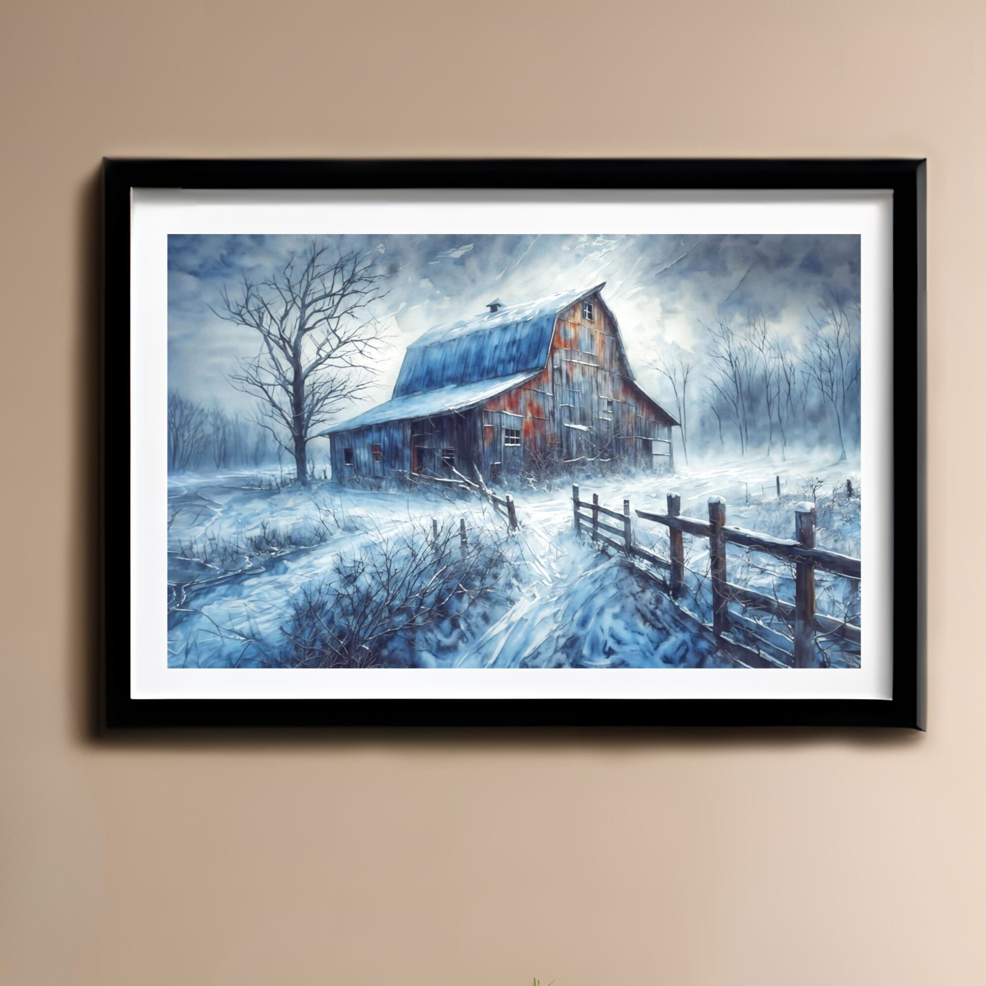 Winter Barn Print: Snowy Farmhouse Landscape, Watercolor Style Poster ...