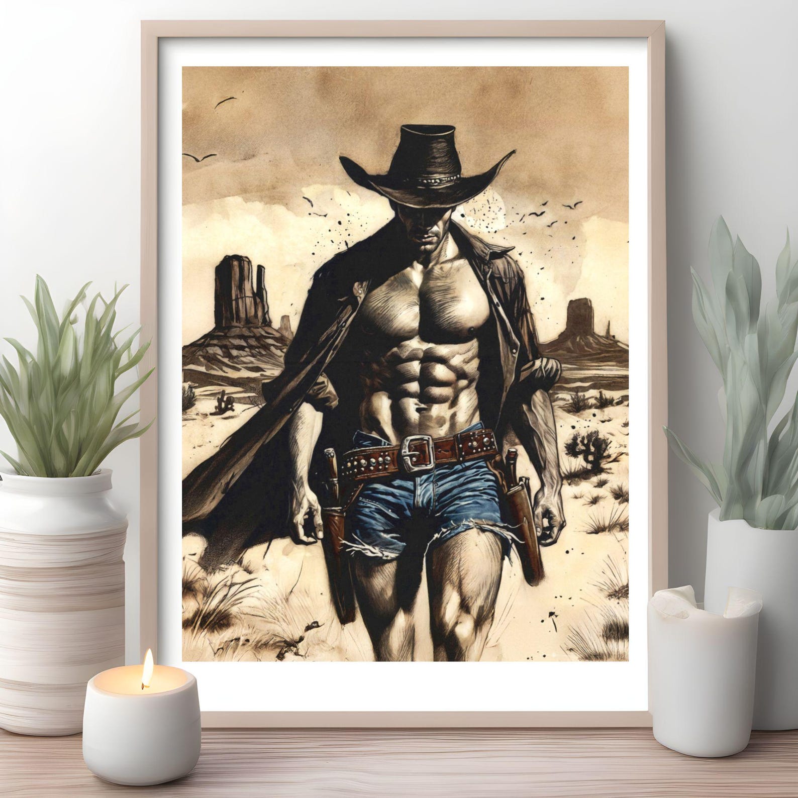 Shirtless Cowboy Retro Western Pulp Fiction Style Vintage Gunslinger ...