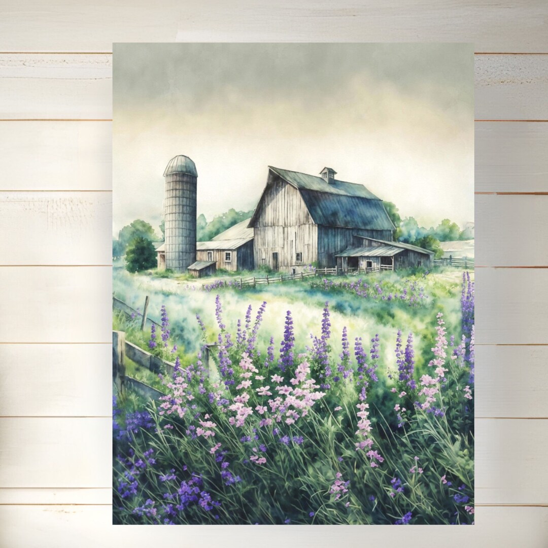 Watercolor Barn Poster Print: Sage Green Farmhouse Decor With Lavender ...