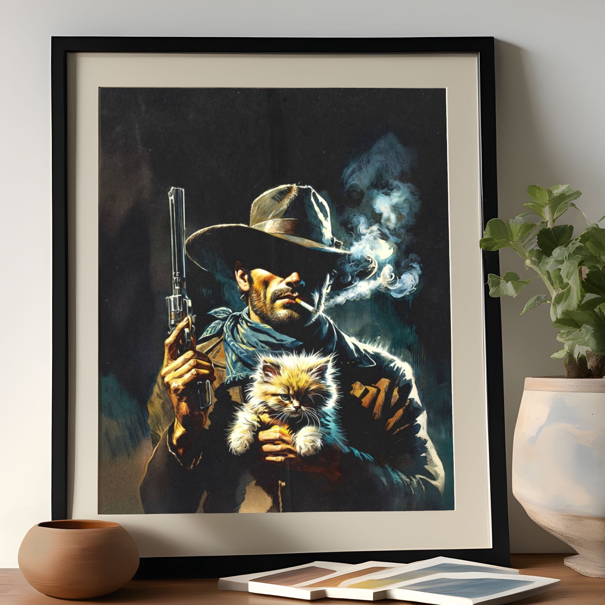 Smoking Cowboy Kitten Retro Western Pulp Fiction Style Vintage ...