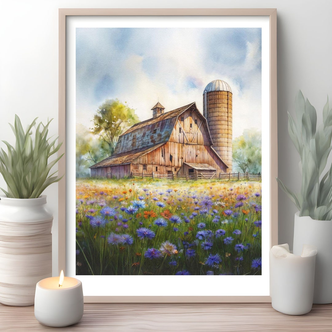 Old Brown Barn Watercolor Style Painting Rural Wall Art Rustic Print ...