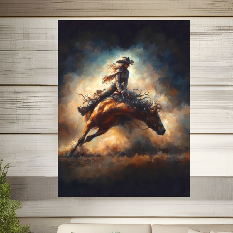 Cowgirl Western Art Impasto Oil Painting Style Vintage Rodeo Bucking ...