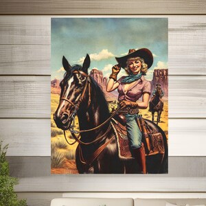 Retro Sassy Cowgirl Waving Country Wild Western Themed Pulp Style ...