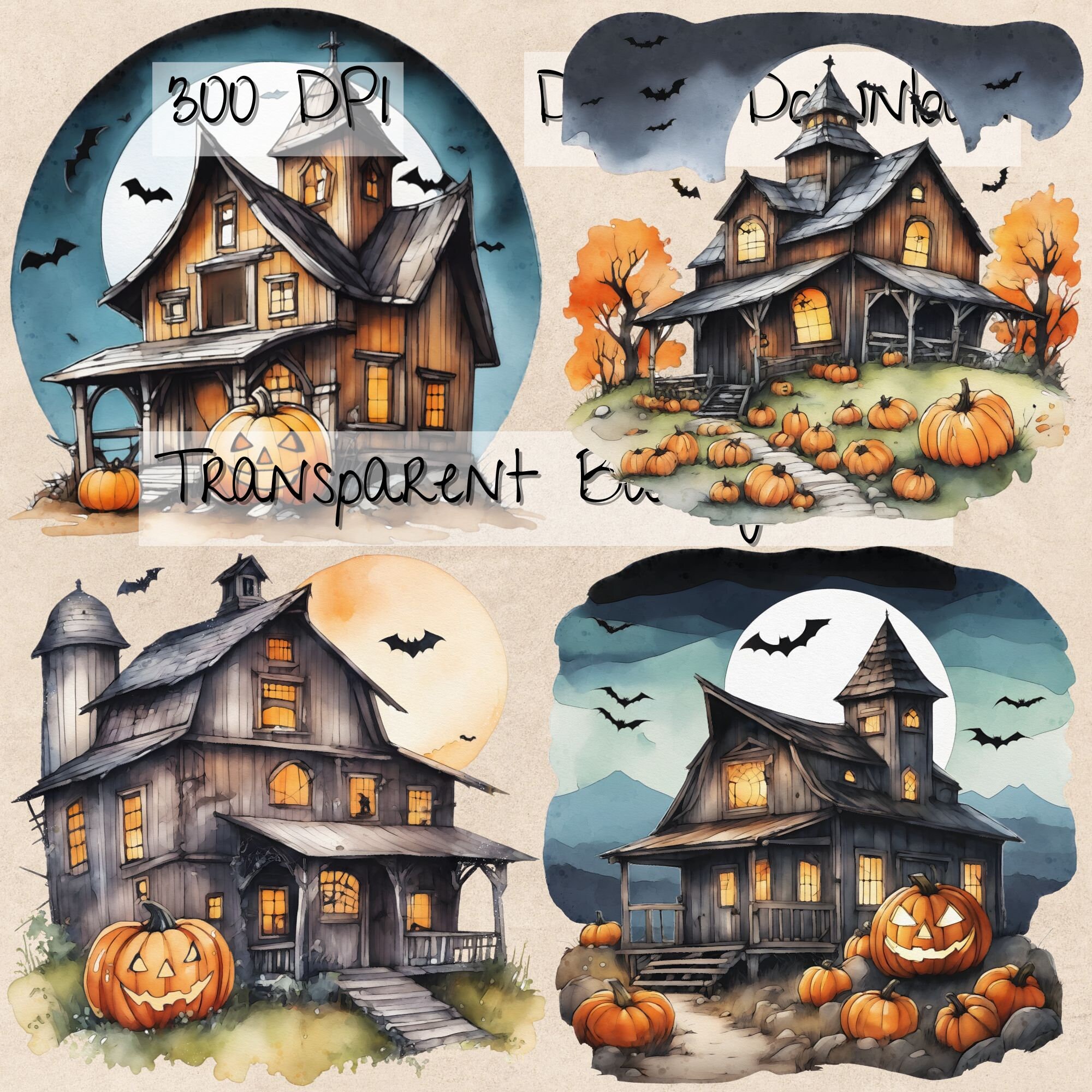 20 Haunted Farmhouses, Creepy Barns Watercolor Clipart Bundle ...