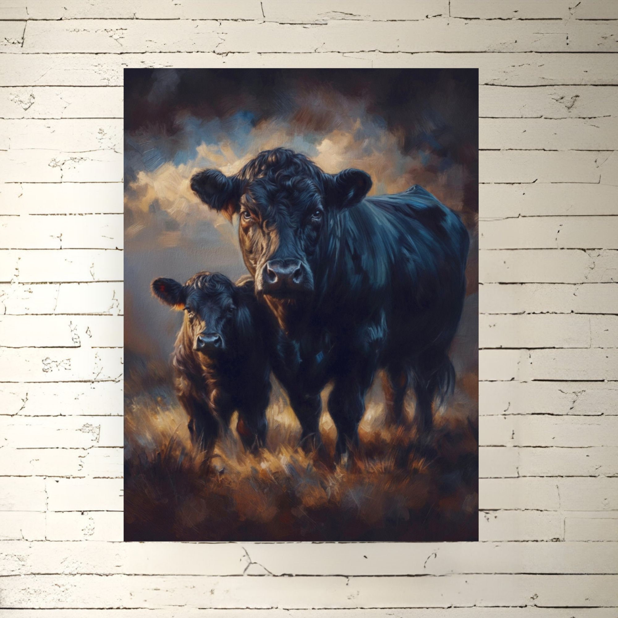 Black Angus Cow and Calf Poster Print: Oil Painting Style Farmhouse ...