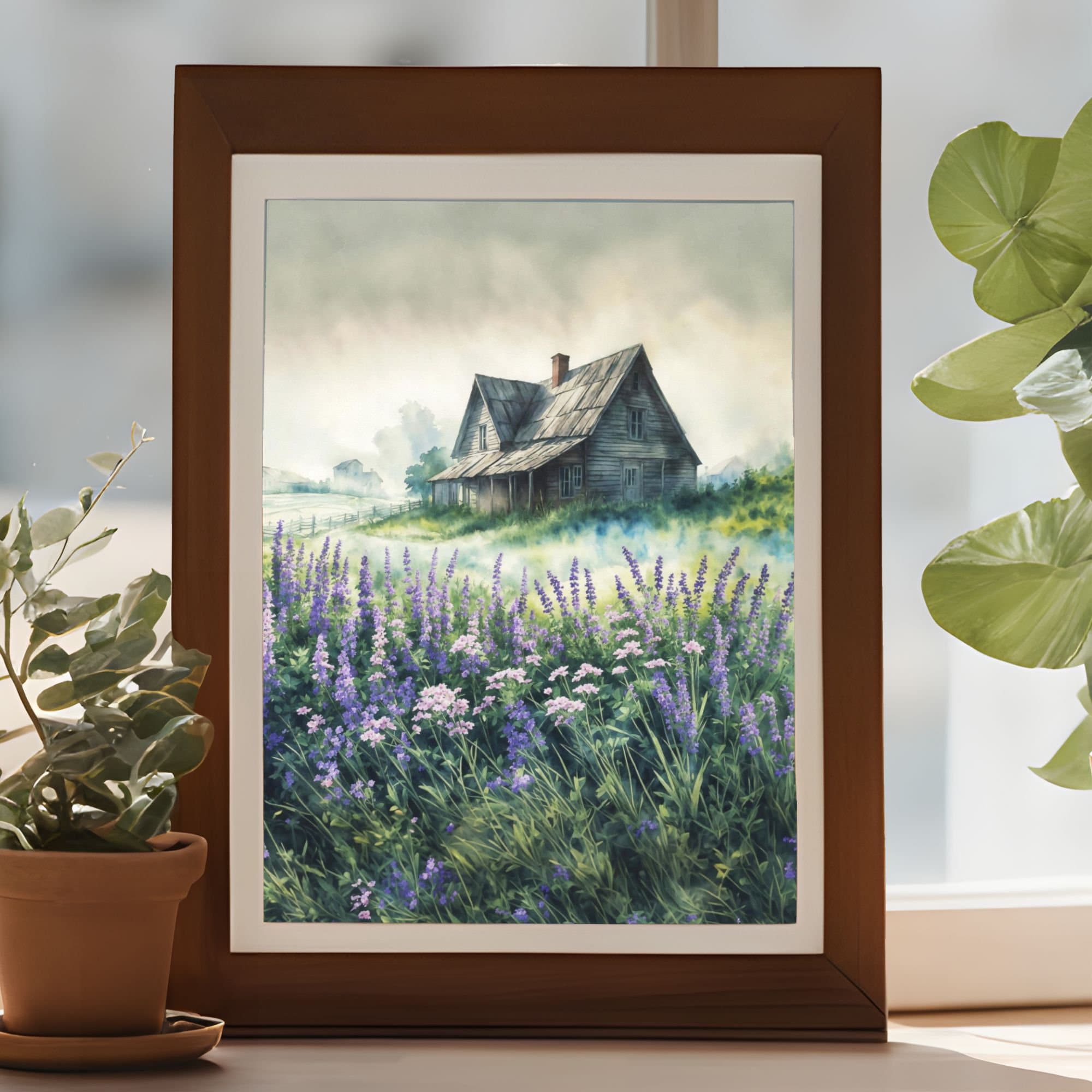 Watercolor Farmhouse Poster Print: Sage Green Lavender Field Landscape ...