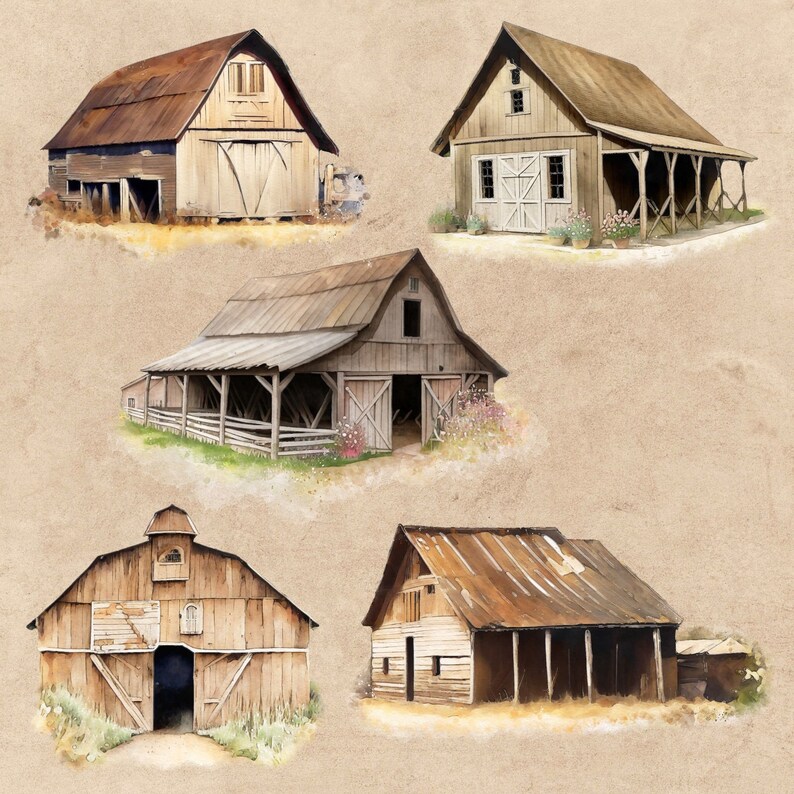 Rustic Brown Barn Watercolor Clipart: Farmhouse PNG Images (digital ...