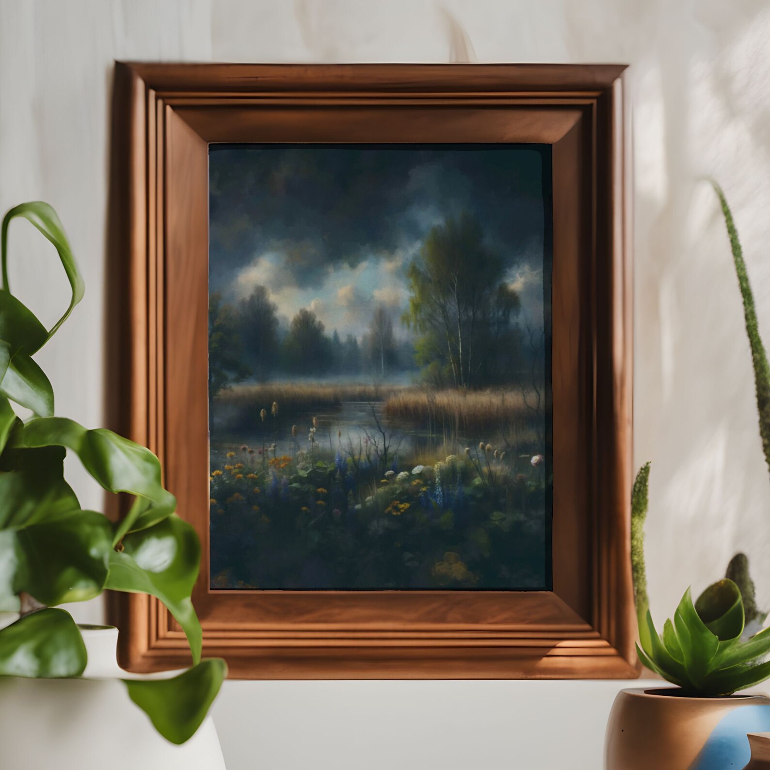 Moonlit Farm Pond Art Poster Print: Moody Impasto Wildflower Landscape ...