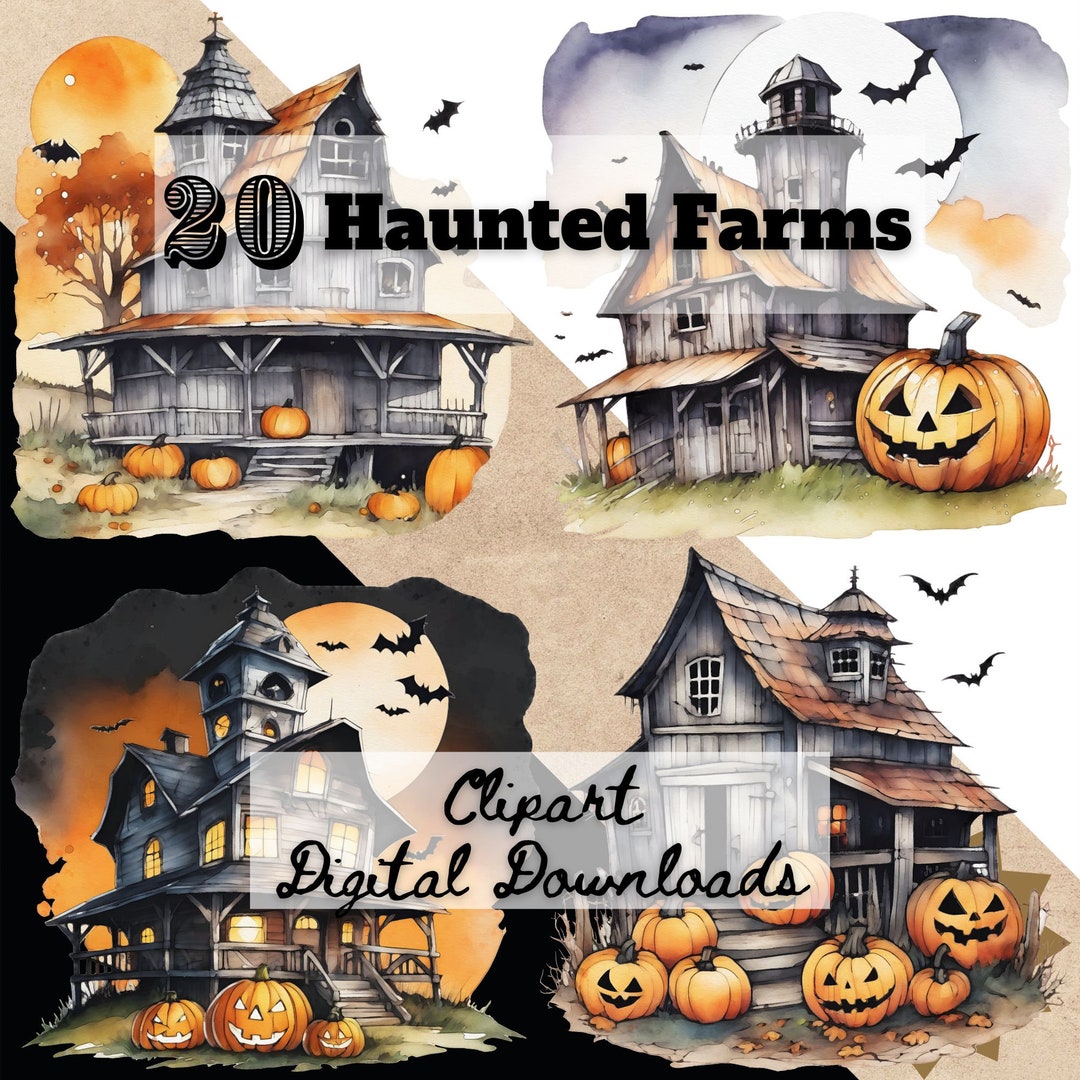 20 Haunted Farmhouses, Creepy Barns Watercolor Clipart Bundle ...