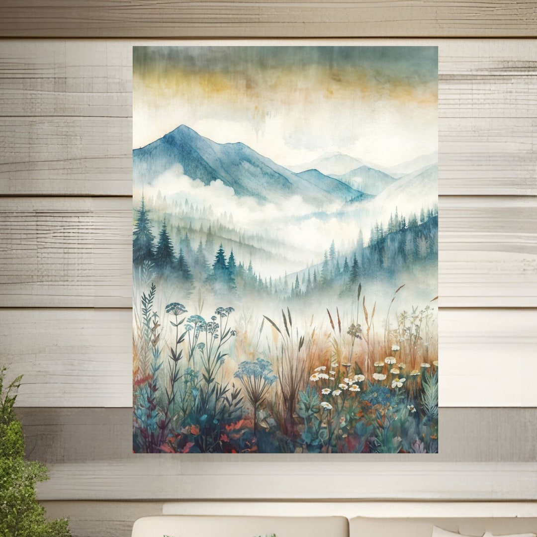 Watercolor Mountain Landscape Poster Print: Foggy Wildflower Meadow ...