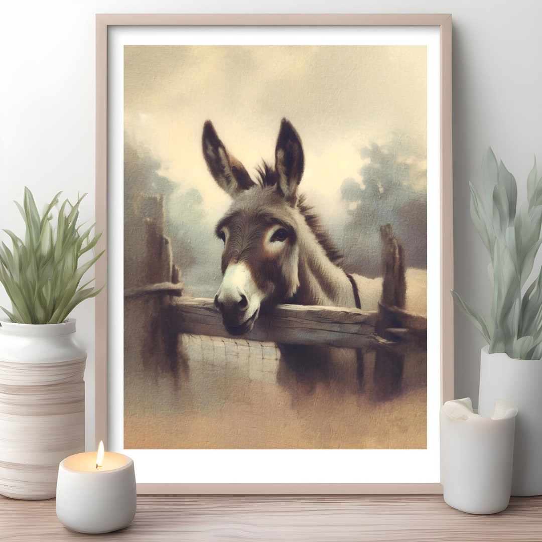 Donkey Illustration Print Oil Style Painting Equestrian Wall Artwork ...