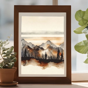 Sunset Misty Mountain Watercolor Style Landscape Illustrations Prints ...