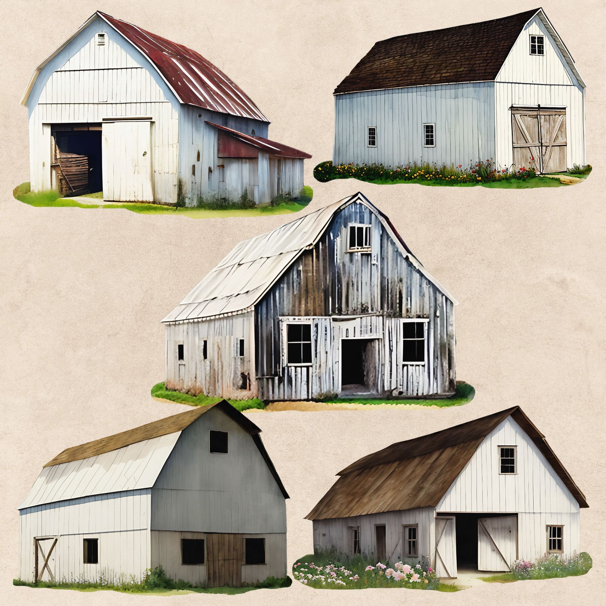Rustic Old White Barn Watercolor Style Clipart 20 Images With ...