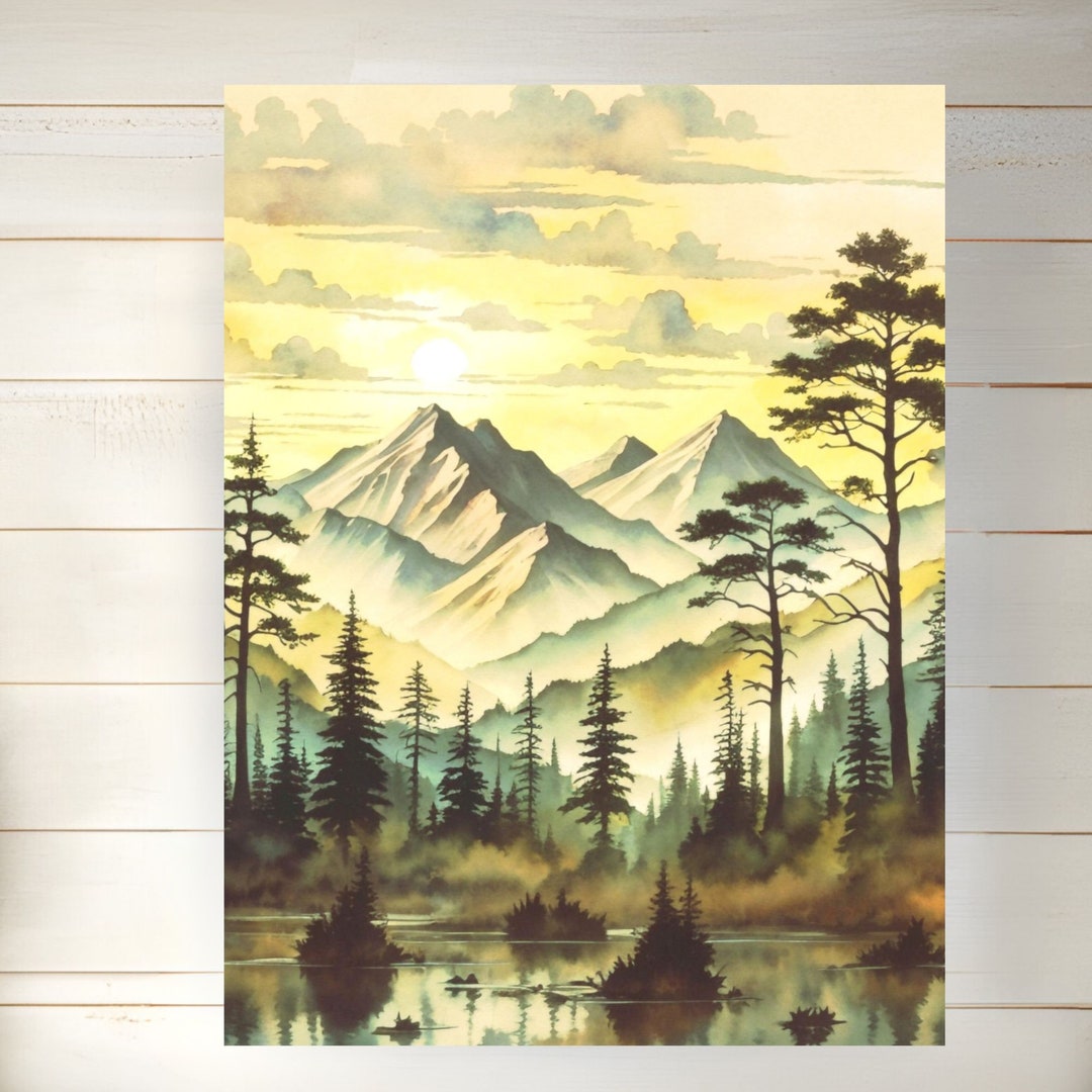 Watercolor Mountain Landscape Poster Print: Scenic Pine Forest, Lake ...