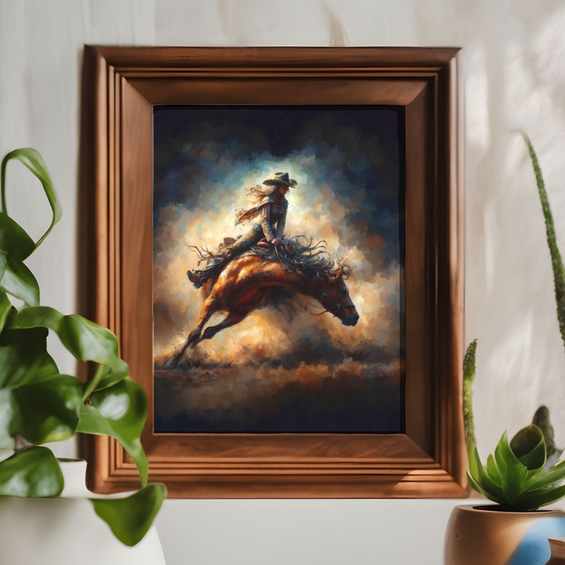 Cowgirl Western Art Impasto Oil Painting Style Vintage Rodeo Bucking ...