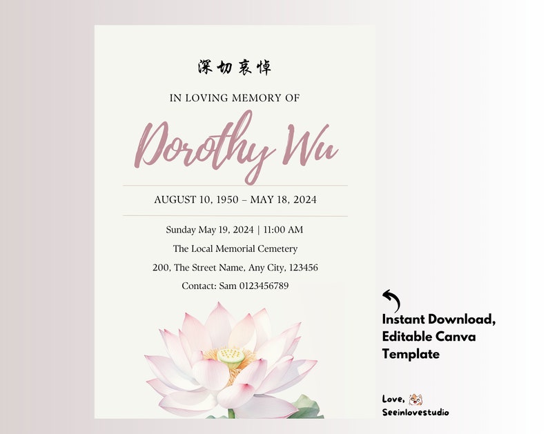 Lotus Flower Memorial Invitation, Asian Funeral Invite (editable Canva ...