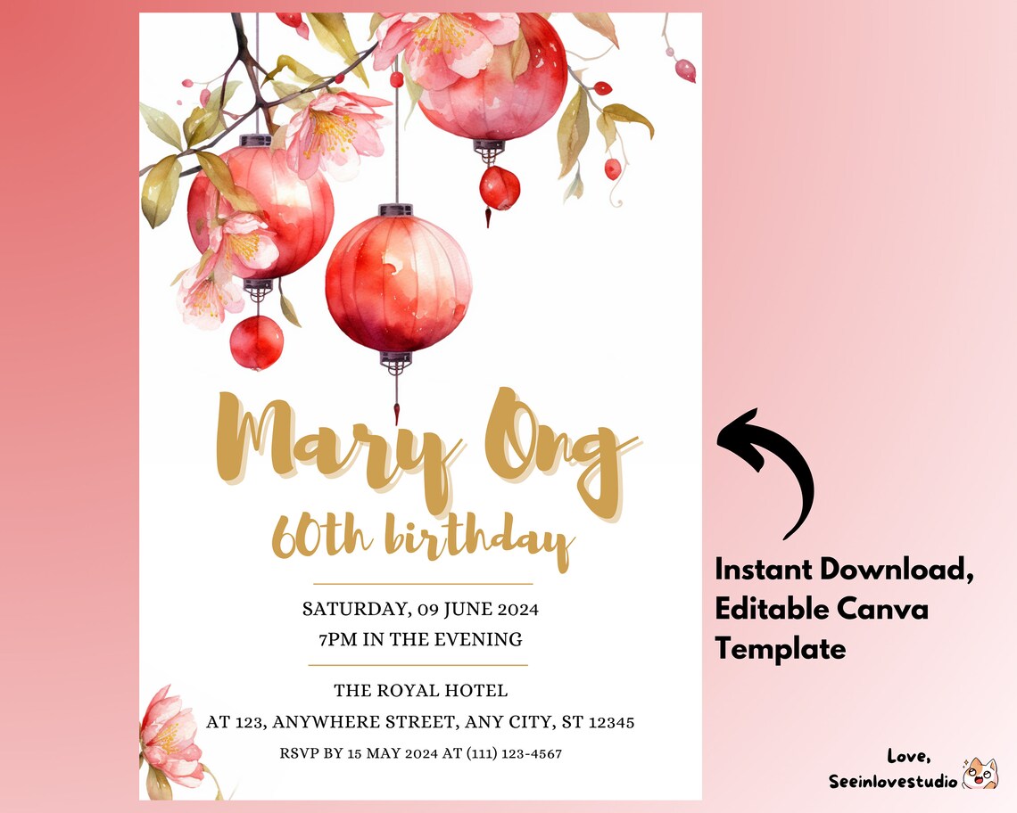 Chinese Birthday Invitation, Chinese Birthday Invite, Oriental Birthday ...