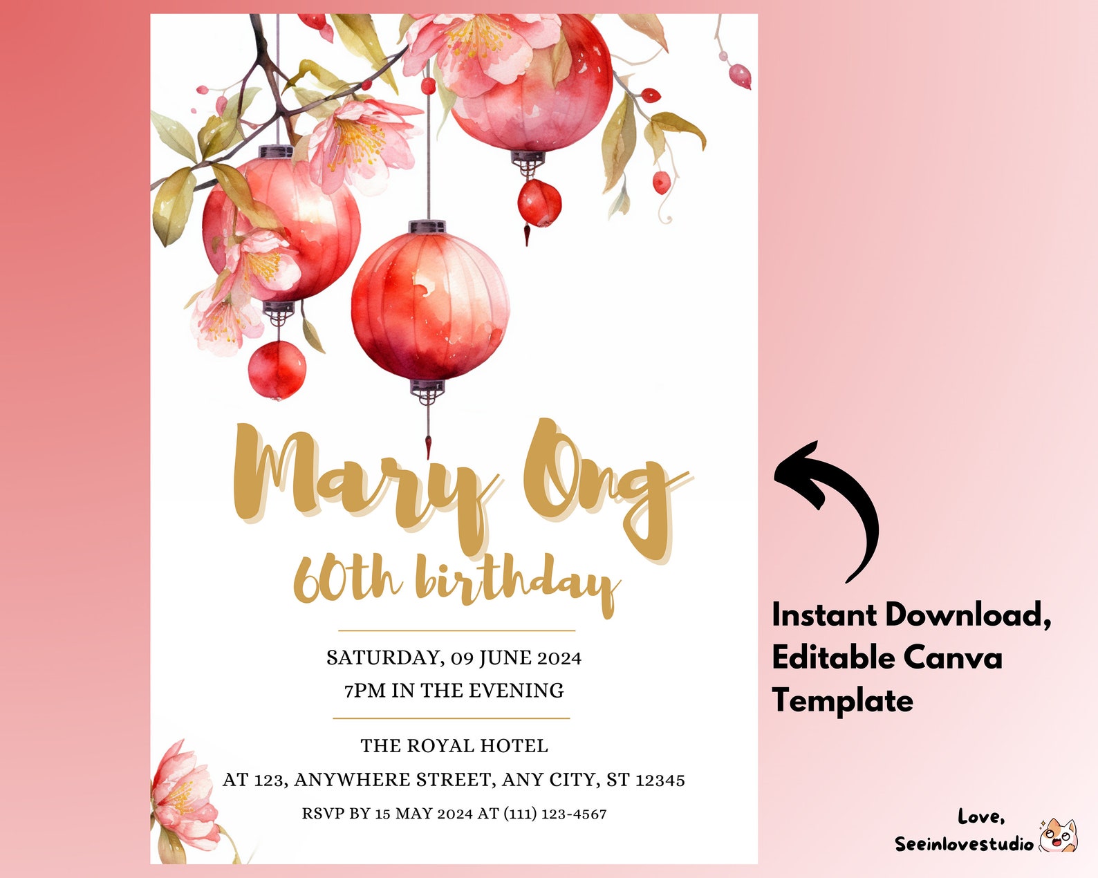 Chinese Birthday Invitation, Chinese Birthday Invite, Oriental Birthday ...