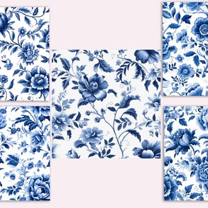 20 Delft Blue Florals Seamless Pattern, Digital Paper Pack, Blue and ...