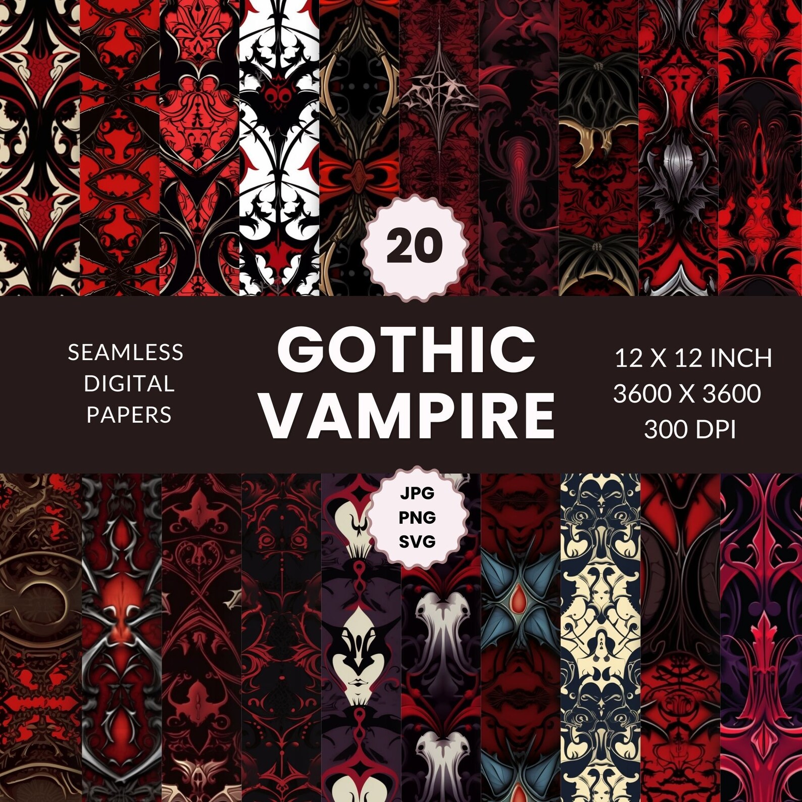 20 Vampire Seamless Gothic Pattern, Digital Paper Pack, Dark-themed ...