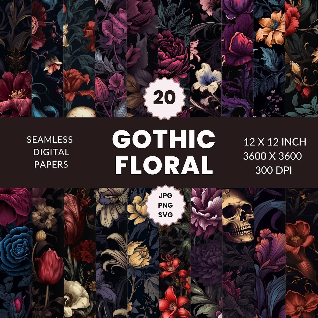 20 Gothic Seamless Floral Pattern, Digital Paper Pack, Nature-inspired ...