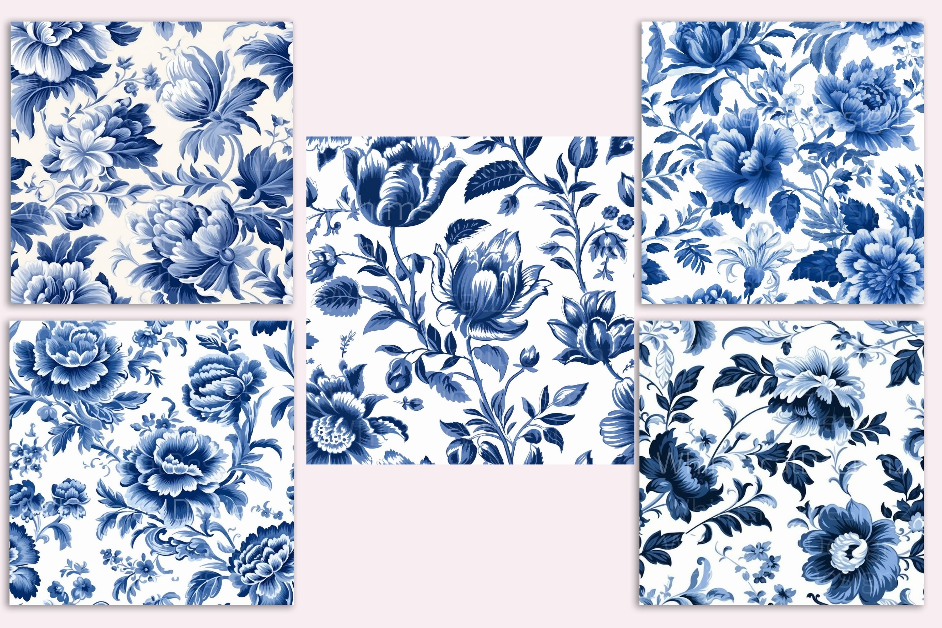 20 Delft Blue Florals Seamless Pattern, Digital Paper Pack, Blue and ...
