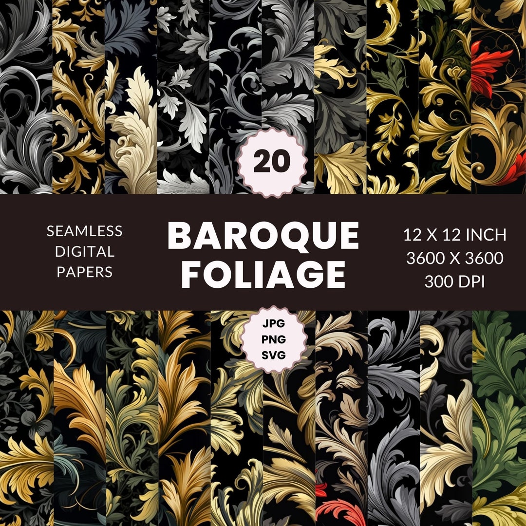 20 Baroque Foliage Seamless Leaves Pattern, Digital Paper Pack, Ornate ...