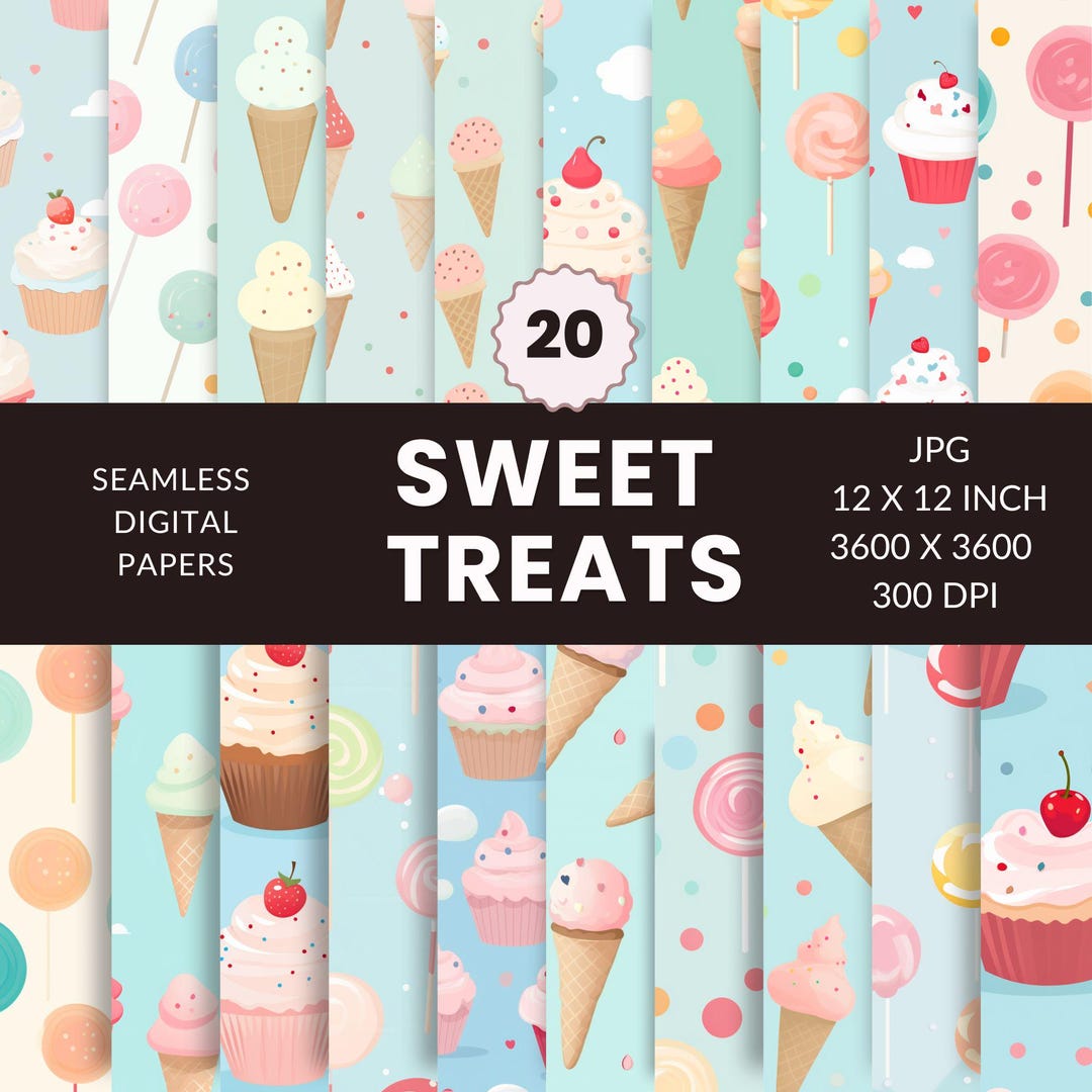 20 Sweet Treats Seamless Pattern, Digital Paper Pack, Lollipops, Ice ...