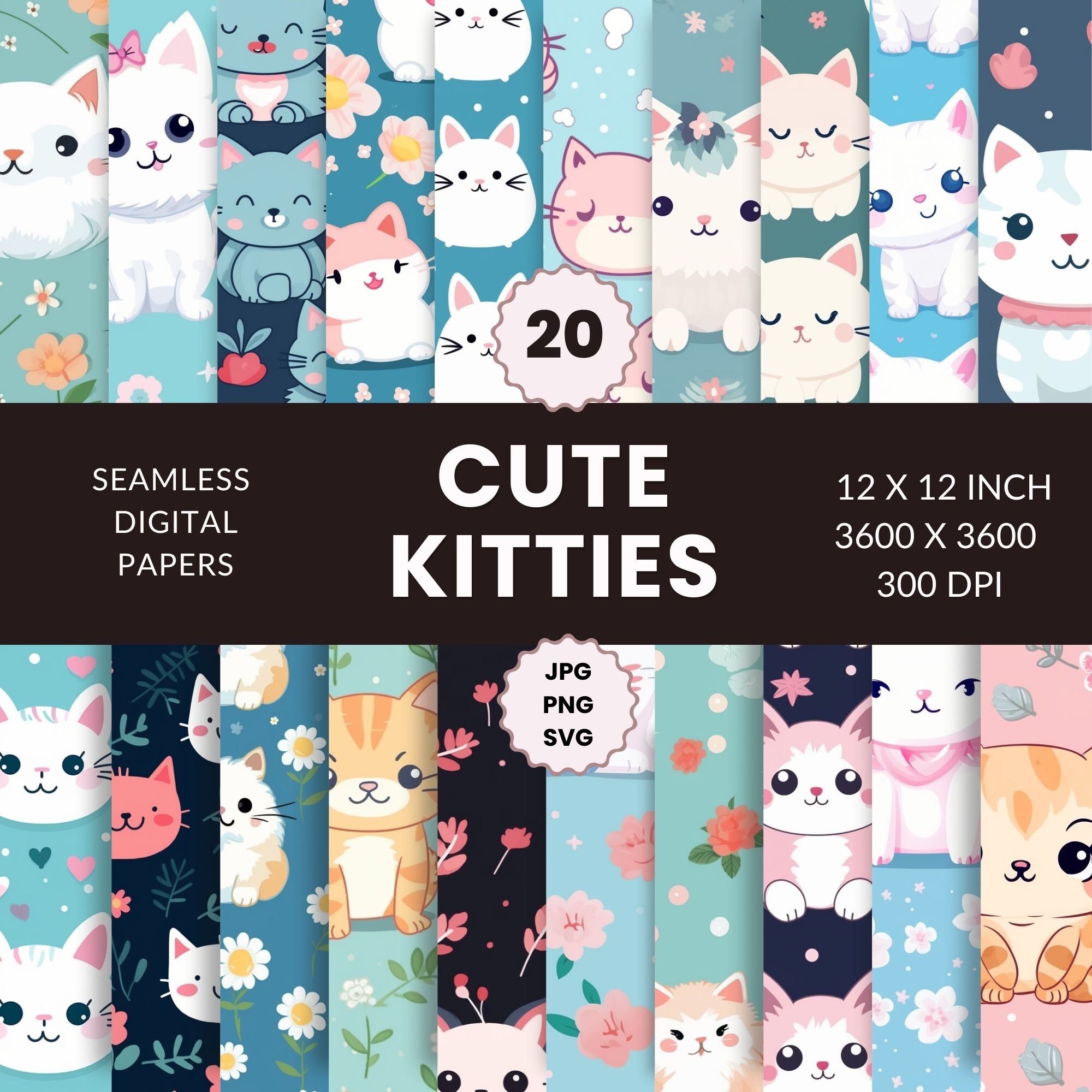 20 Cute Kitties Seamless Pattern, Digital Paper Pack, Adorable Cat Art ...