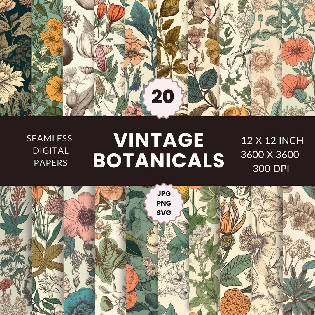 20 Vintage Botanicals Wallpaper Seamless Pattern, Digital Paper Pack ...