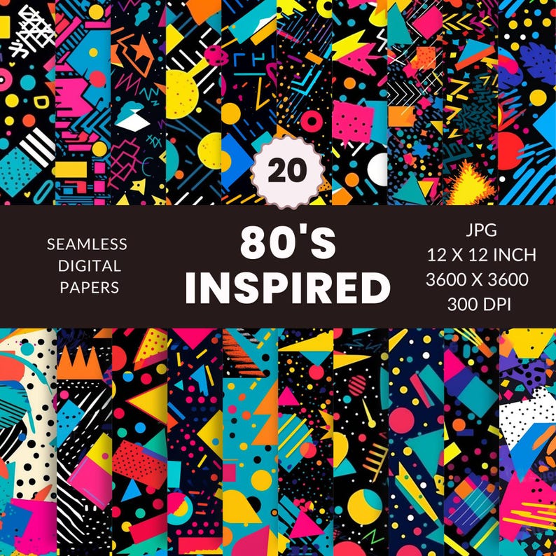 80's Inspired Seamless Pattern, Digital Paper Pack, Retro Graphic ...