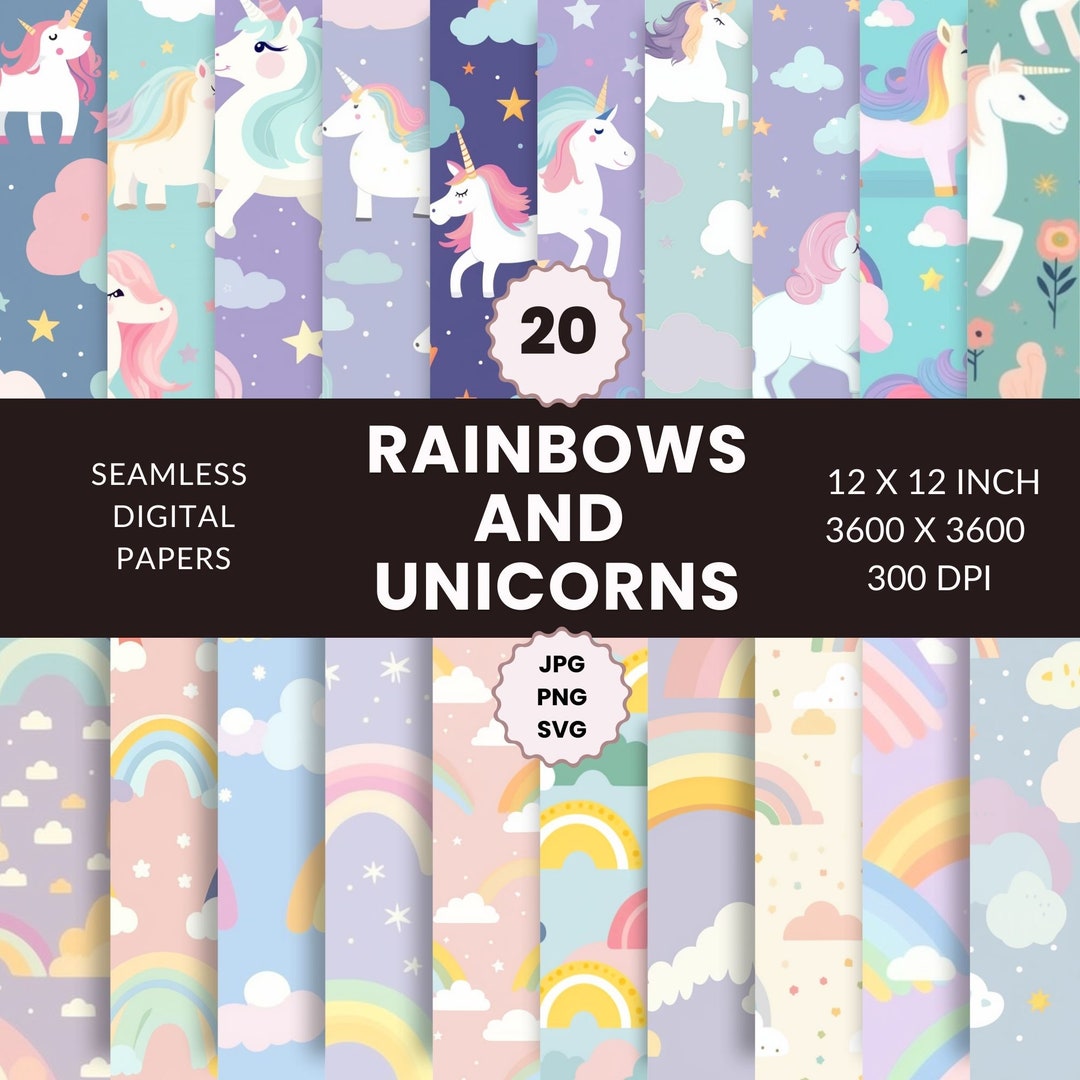 20 Rainbows and Unicorns Seamless Pattern, Digital Paper Pack, Sky ...