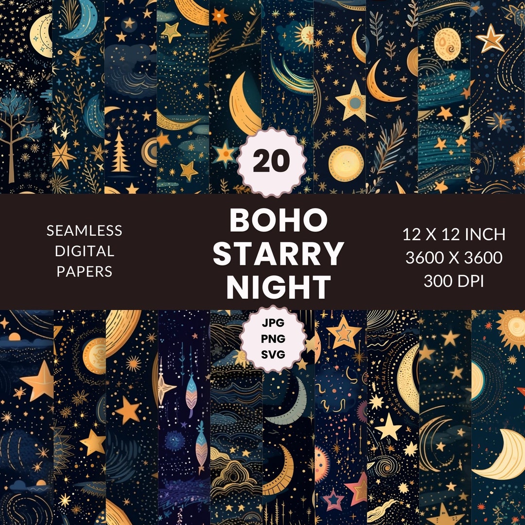20 Boho Starry Night Seamless Pattern, Digital Paper Pack, Cosmic ...