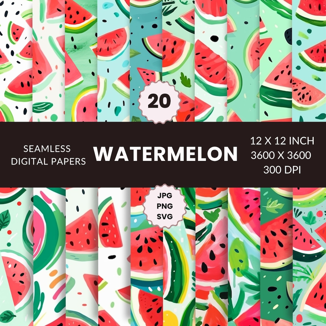 20 Watermelon Seamless Pattern, Digital Paper Pack, Fruit, Summer ...