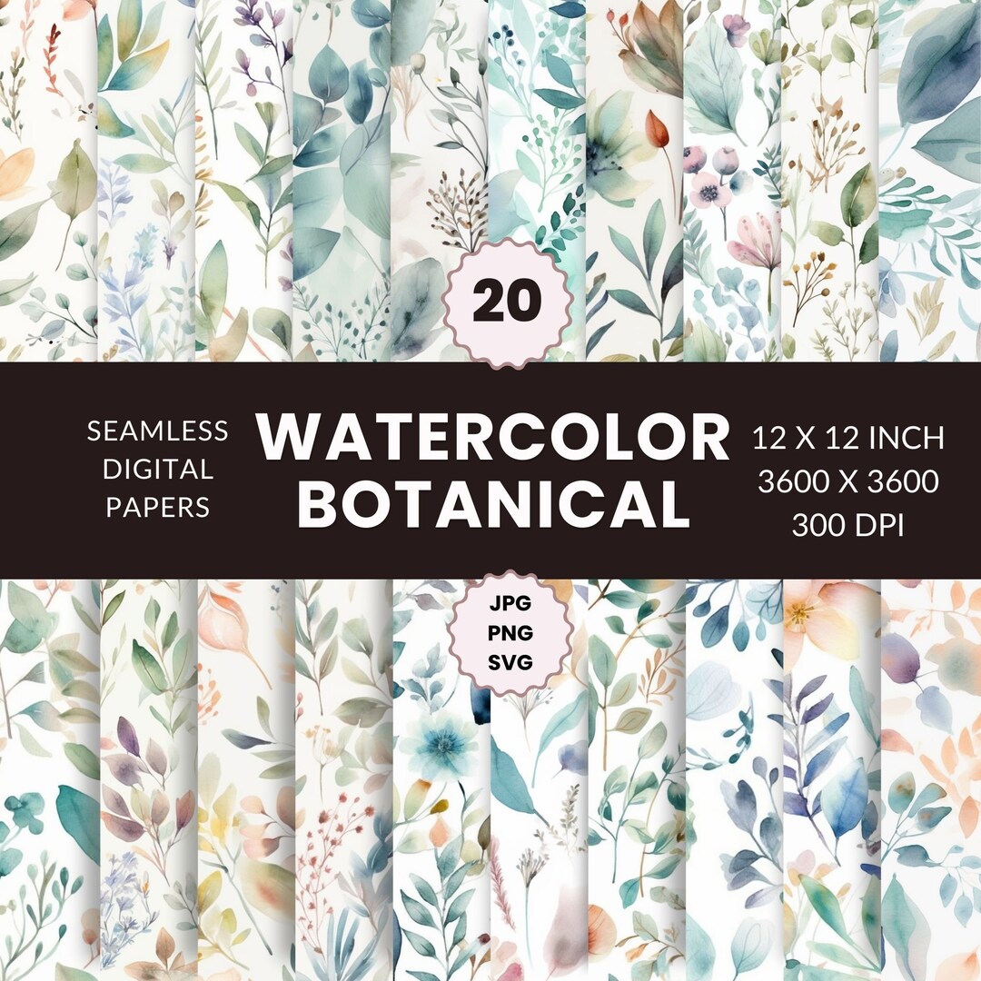 20 Watercolor Botanical Seamless Pattern, Digital Paper Pack ...