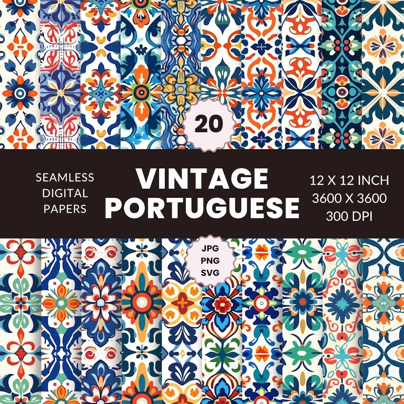 20 Vintage Portuguese Seamless Pattern, Digital Paper Pack, Retro ...