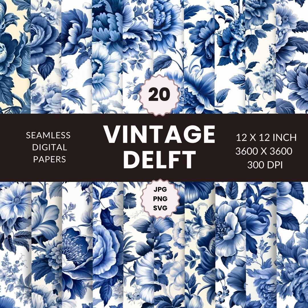 20 Vintage Delft Seamless Pattern, Digital Paper Pack, Flowers ...