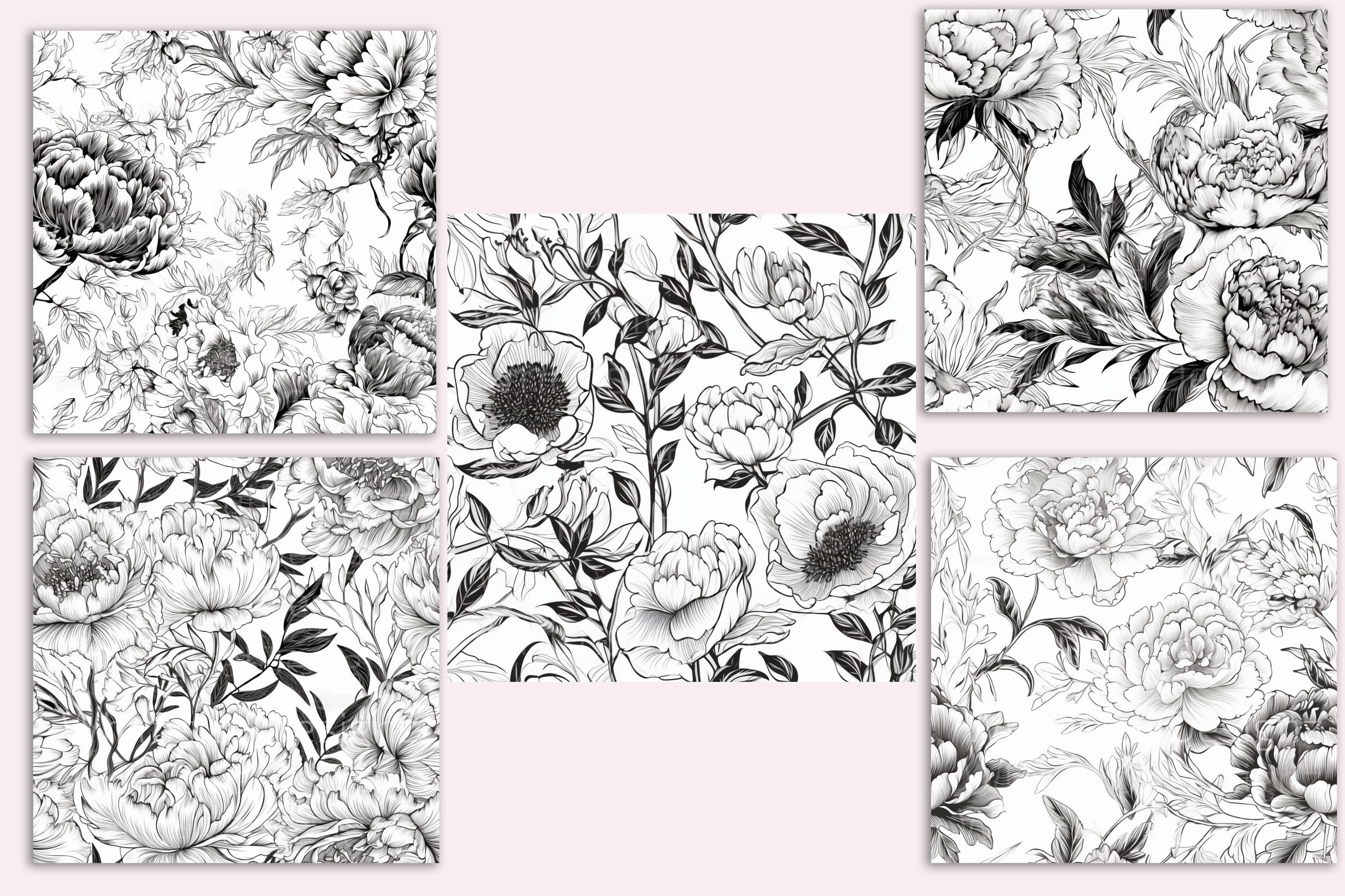 20 Black and White Peonies Seamless Pattern, Digital Paper Pack, Floral ...
