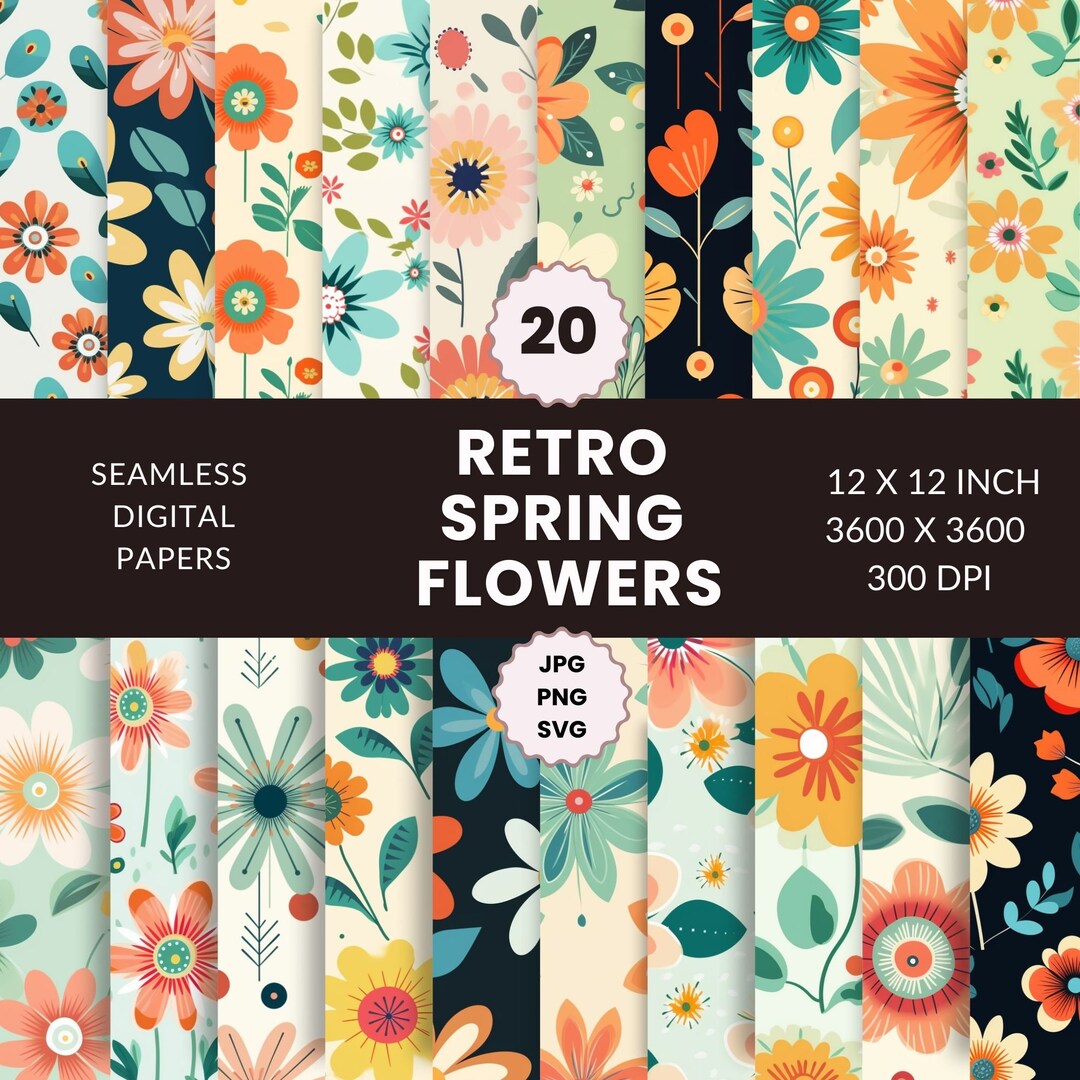 20 Retro Spring Flowers Seamless Leaves Pattern, Digital Paper Pack ...